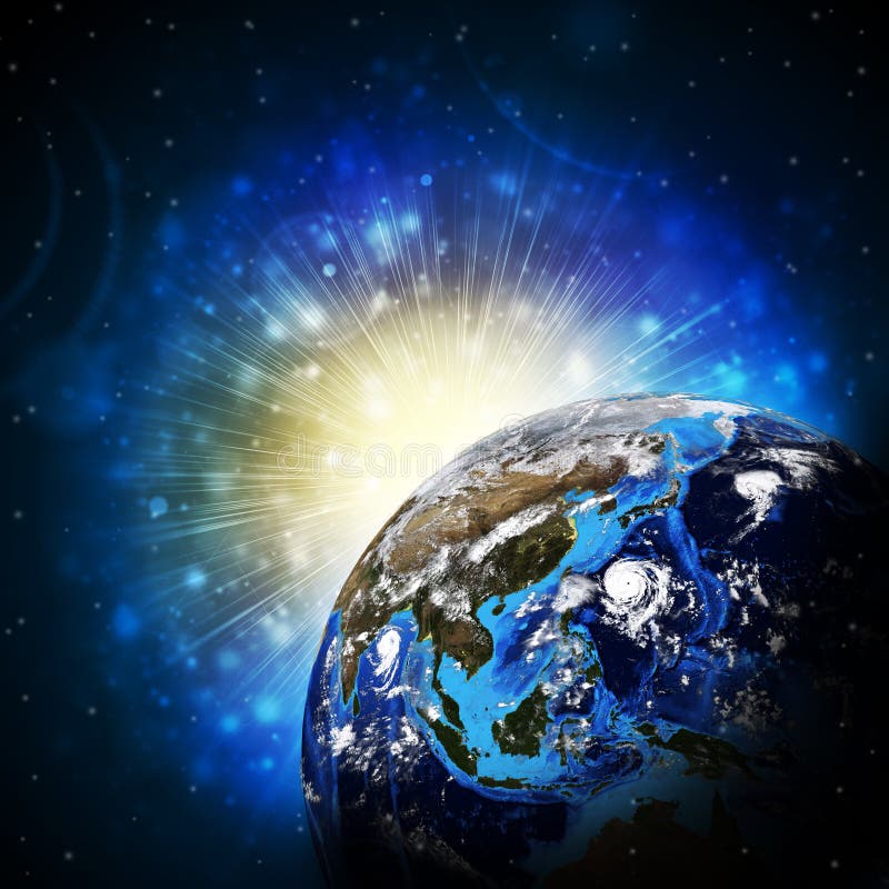Earth planet in sun rays stock illustration. Illustration of ...