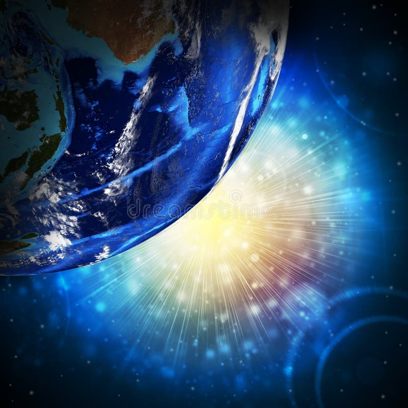 Earth planet in sun rays stock illustration. Illustration of light ...