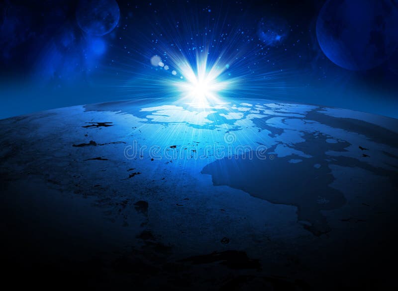 Earth planet in sun rays stock illustration. Illustration of ...