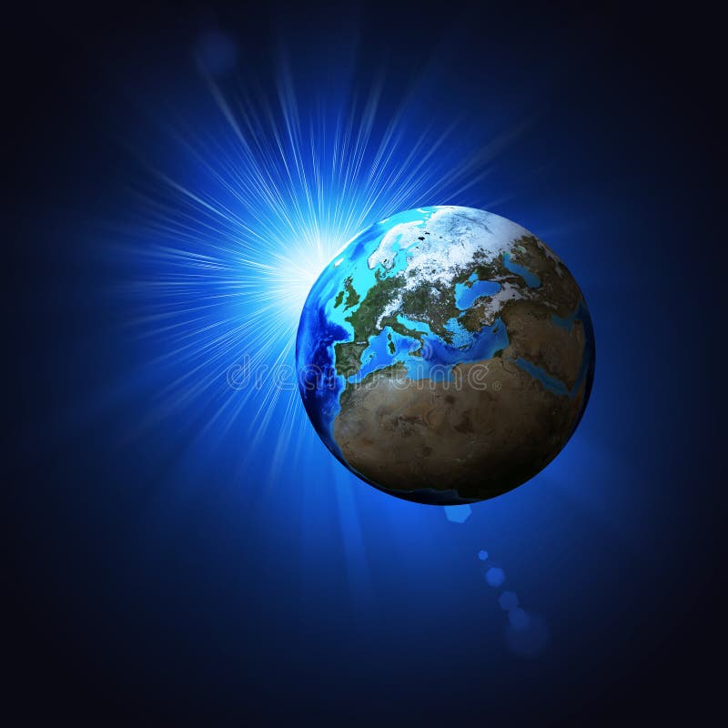 Earth planet in sun rays stock illustration. Illustration of aerial ...