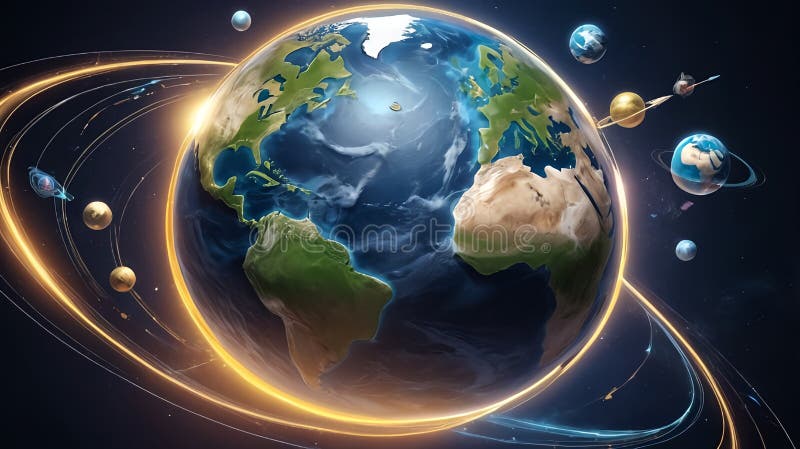 Earth with Planets and Orbiting Light Streams in Space Stock ...