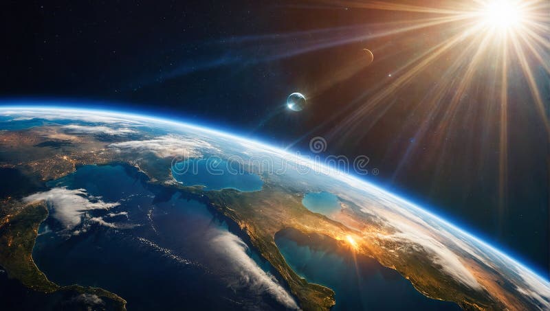 The Earth with a Radiant Sun and Distant Planets, Viewed from Space ...