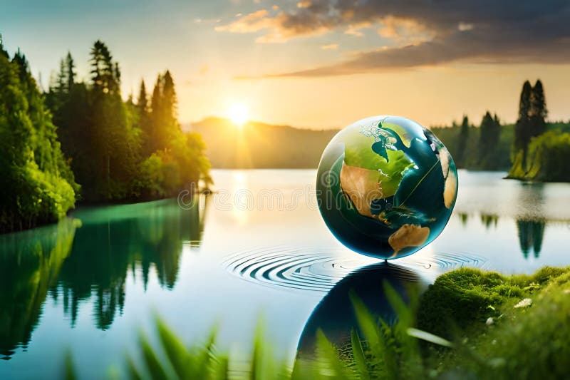 Earth on Reflective Blue Surface. 3D Illustration Stock Illustration ...