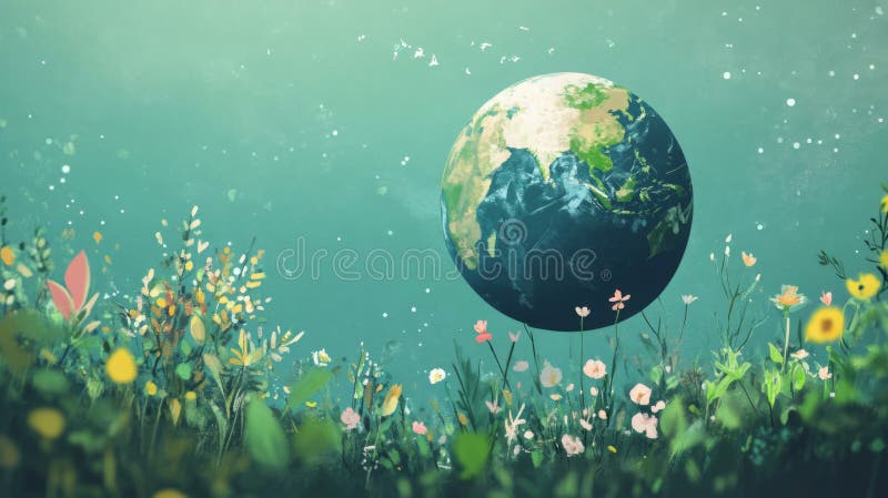Earth Rising Above a Vibrant Flower Field Stock Illustration ...