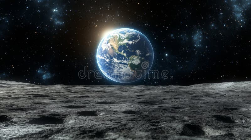 Earth Rising Over the Lunar Surface Stock Photo - Image of night ...