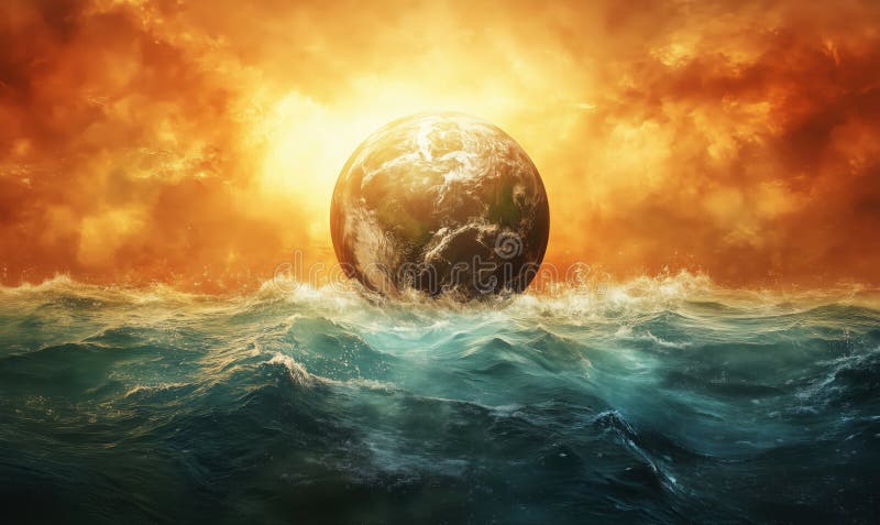 Earth Rising from Turbulent Ocean Waves Under Dramatic Sunset Sky Stock ...