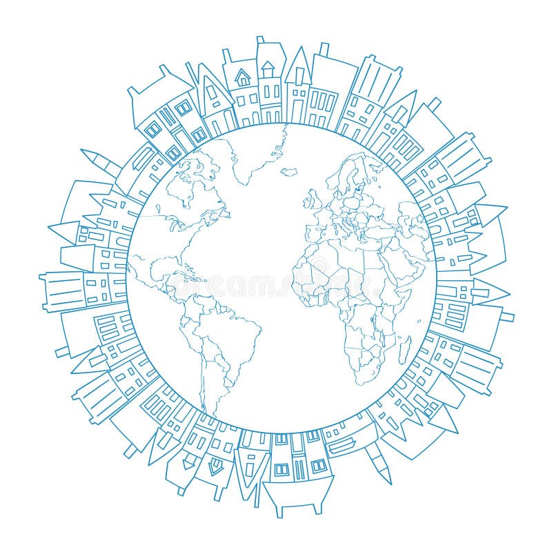 Earth Round Frame with Doodle Village Stock Vector - Illustration of ...