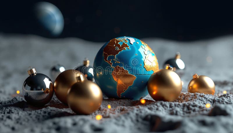 Earth S Globe with Festive Baubles on Lunar Surface, Symbolizing Global ...
