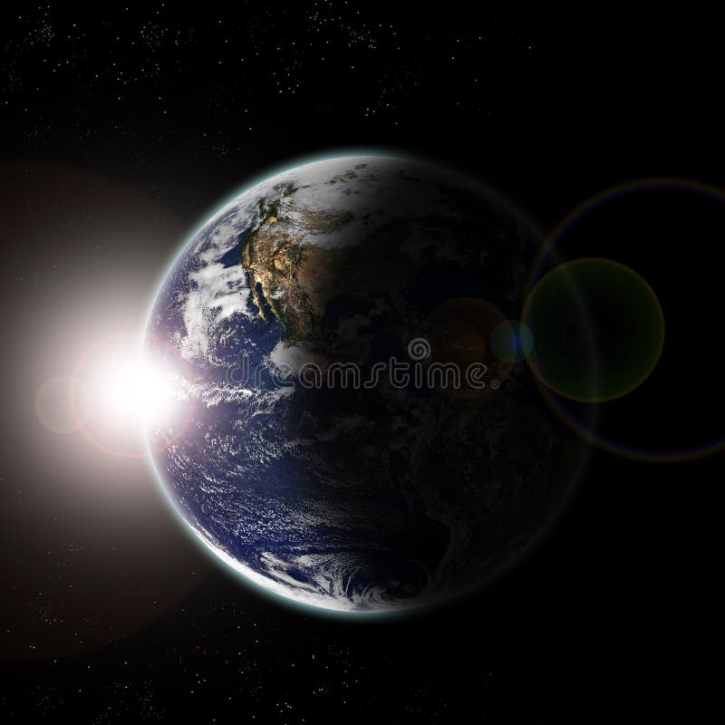 Earth Seen from Space at Sun Dawn and Stars Stock Illustration ...