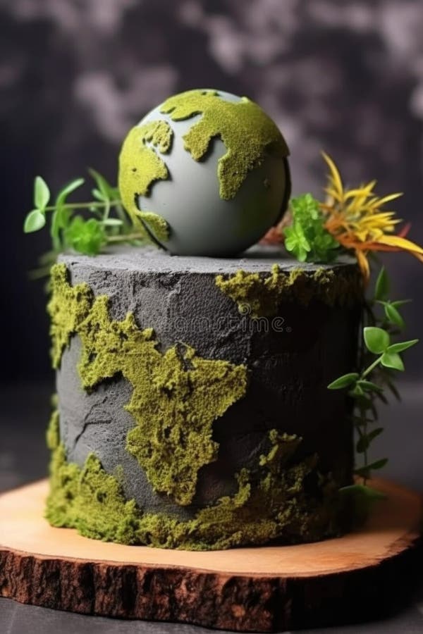Earth-shaped Cake with Green Leaves Decoration Stock Illustration ...