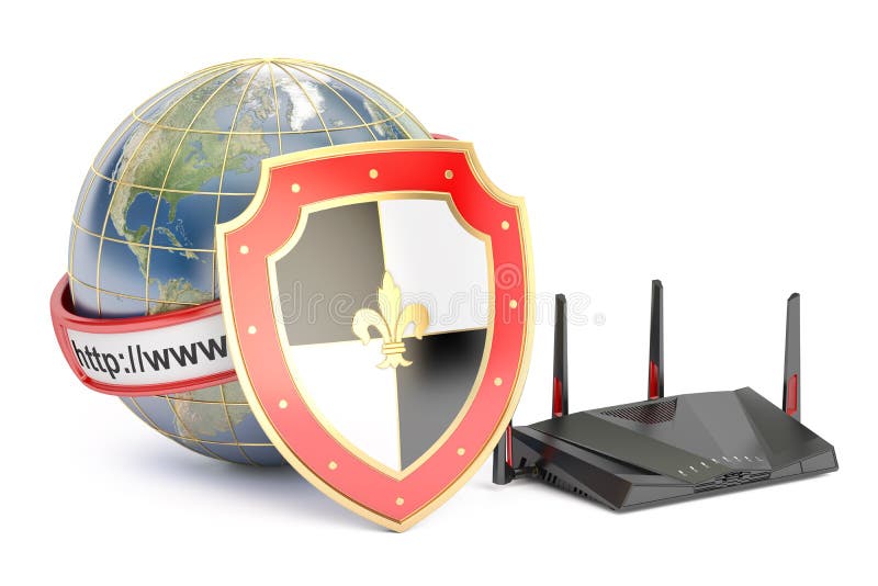 Earth with Shield and Router, Internet Protect Concept. 3D Rendering ...