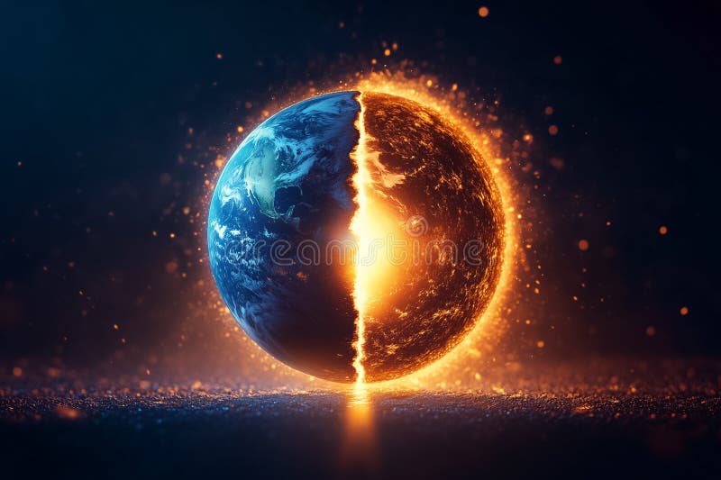 Earth is Shown Split in Two, Contrasting Vibrant Ecosystems with Fiery ...