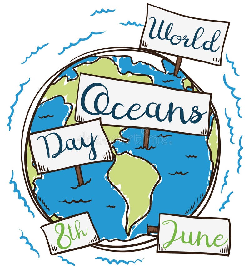 Wave In Hand Drawn Style For World Oceans Day Vector Illustration
