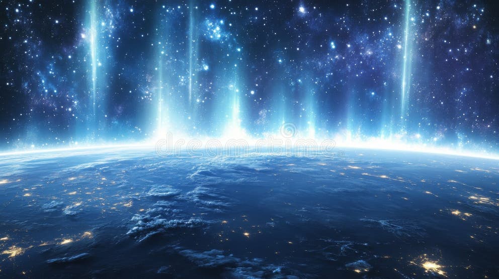 Earth from Space with Bright Light Rays and Stars Stock Photo - Image ...