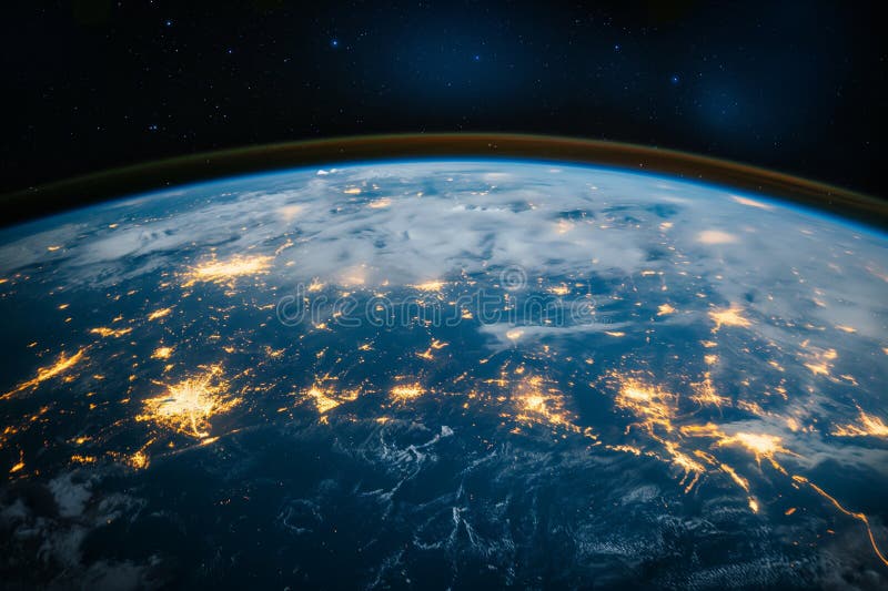 Earth from Space with City Lights and Atmospheric Glow Stock ...
