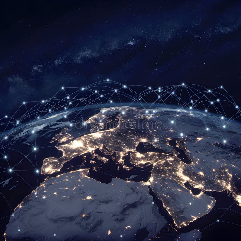 Earth from Space with Glowing City Lights and Interconnected ...