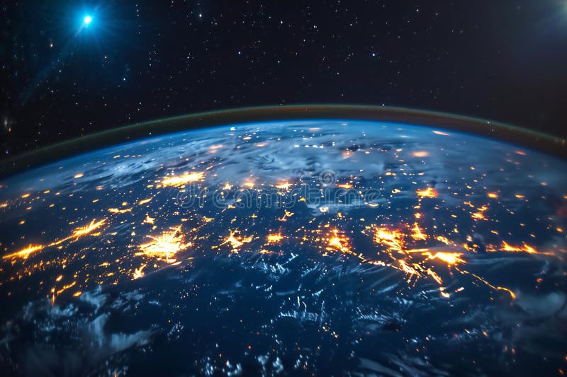 Earth from Space with Glowing Lights and City Streets at Night. High ...