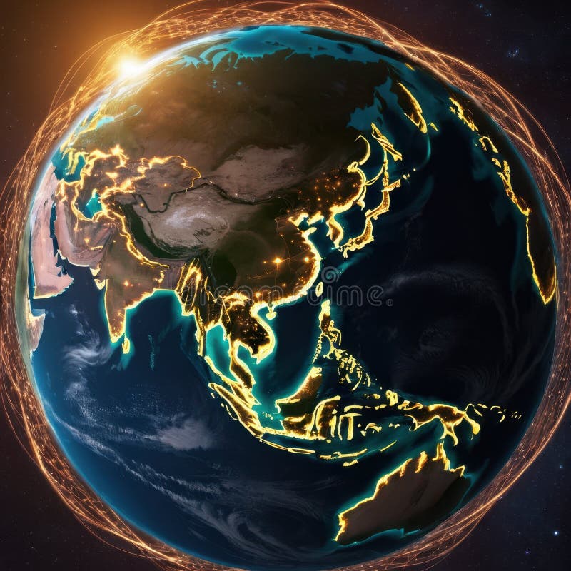 Earth from Space with Glowing Network and Illuminated Continents Stock ...