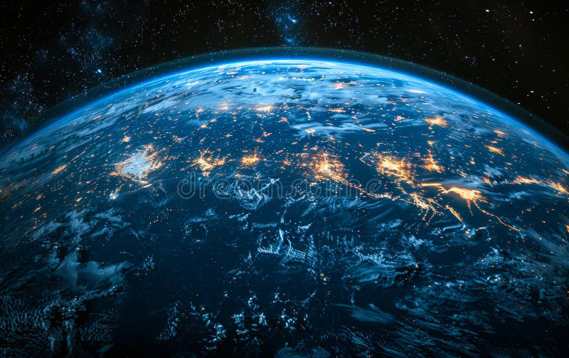 Earth from Space at Night with City Lights and Clouds View. Planet ...