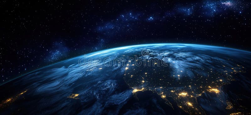 Earth from Space at Night Showcasing Illuminated Cities and Starry Sky ...