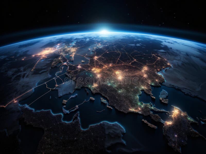 Earth from Space at Night with Sunrise Stock Illustration ...