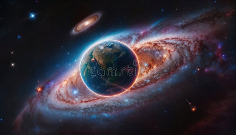 Earth in Space Spiral Galaxy Wide Angle View Stock Illustration ...