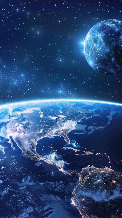 Earth from Space with Starry Sky and Moon, Night View. Planetary ...