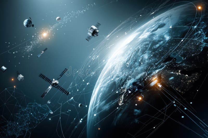 Earth from Space Surrounded by Digital Satellites and Data Streams ...