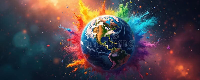 Earth in Space with Vibrant Explosion of Colors. Illustration of ...