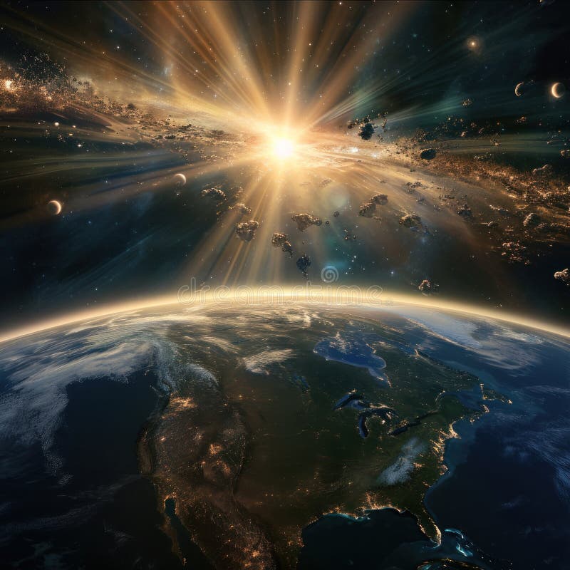 Earth with Sparkling Sunlight Under an Exotic Outer Space Atmosphere on ...