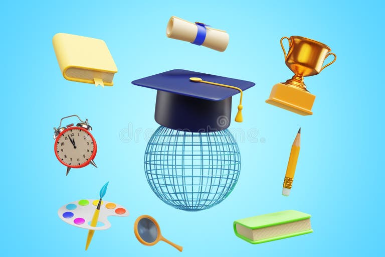 Earth Sphere, Globe Frame in Academic Graduation Cap Surrounded by ...