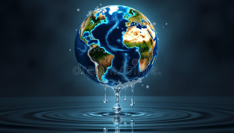 Earth Globe Dripping Water Over Dark Rippling Background Stock ...