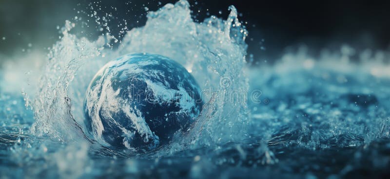 Earth Splashing in Water, Vibrant Blue Planet Surrounded by Dynamic ...