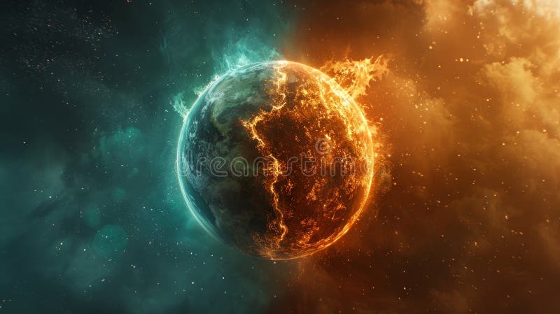 Earth Split between Fire and Ice in a Cosmic Scene at Twilight Stock ...