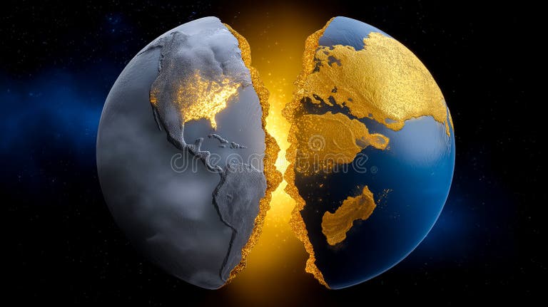 Earth Split in Half Showcasing Golden Core Glowing Intensely from within. Dark Outer Layer ...