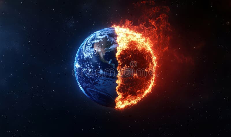 Earth Split between Vibrant Blue and Fiery Destruction Representing ...