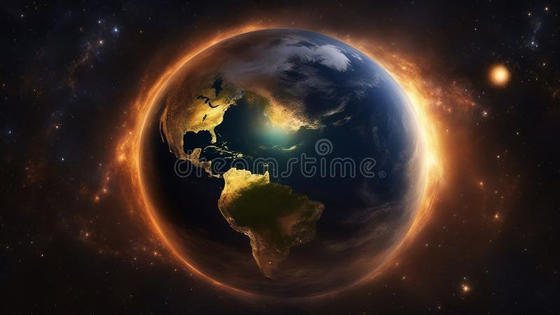 Earth and Sun Eclipse, a Space Scene of the Earth at Night, with the ...