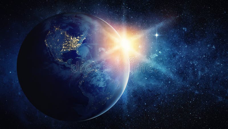 Earth, Sun, Star and Galaxy. Sunrise Over Planet Earth Stock Image ...