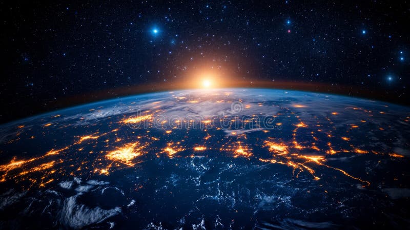 Earth at Sunrise with City Lights and Starry Night Sky Stock ...