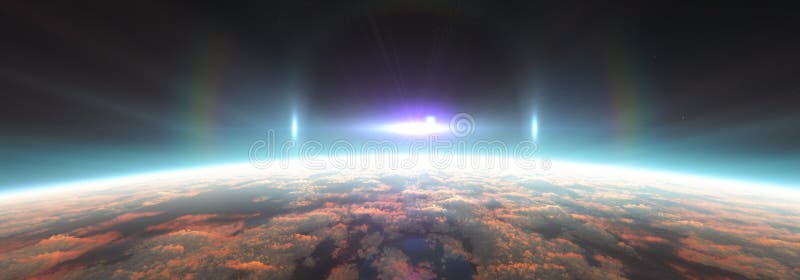 Earth Sunrise from Space Over Cloudy Ocean. 3d Rendering Stock ...