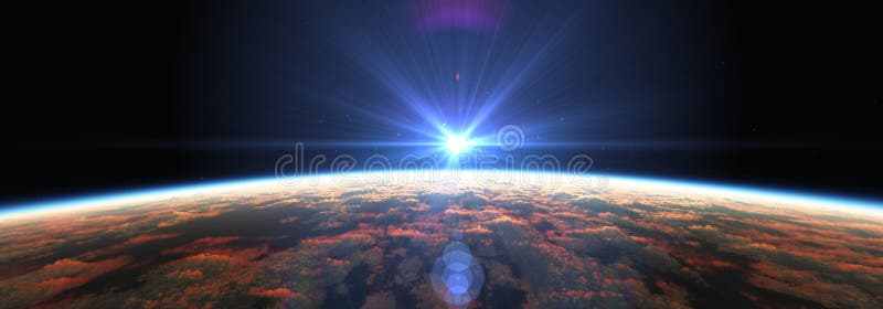 Earth Sunrise from Space Over Cloudy Ocean. 3d Rendering Stock ...