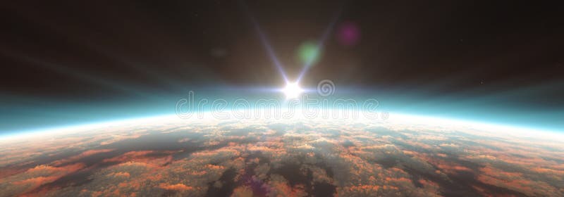 Earth Sunrise from Space Over Cloudy Ocean. 3d Rendering Stock ...