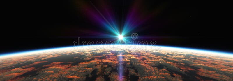 Earth Sunrise from Space Over Cloudy Ocean. 3d Rendering Stock ...