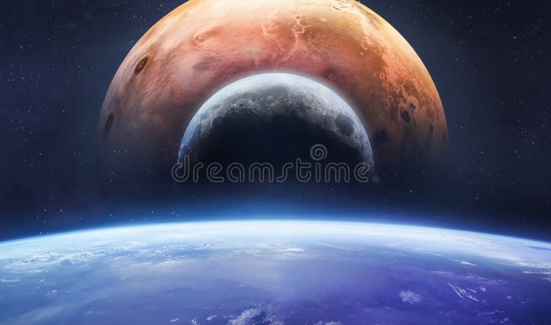 Earth Surface, Moon and Mars in Deep Space. Solar System Planets ...