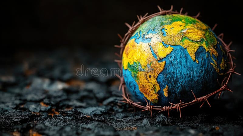 Earth Surrounded by Barbed Wire on Dark Background Symbolizing Global ...