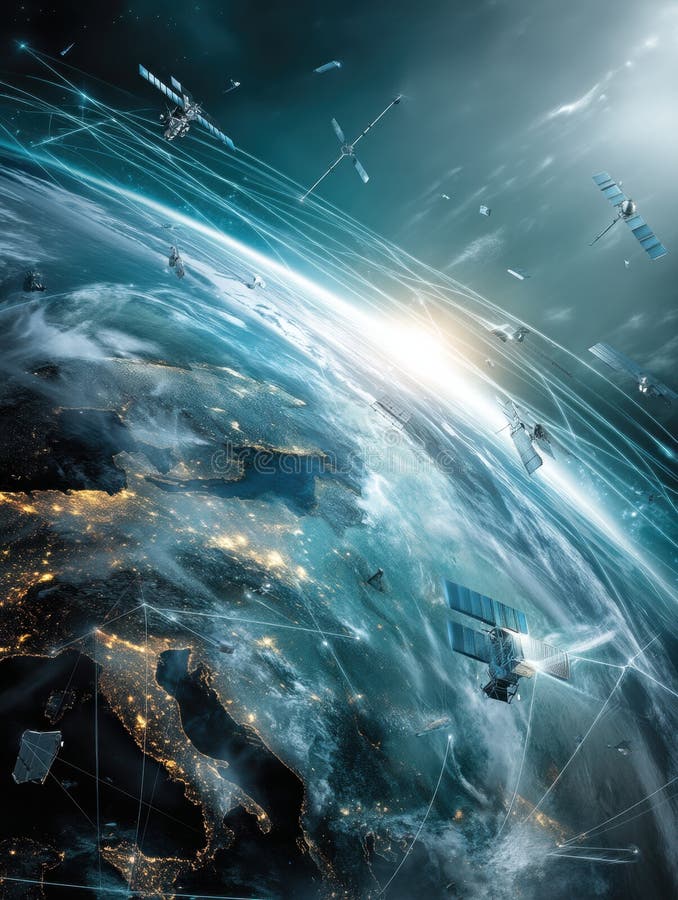 Earth Surrounded by Digital Satellites and Data Streams Illustrating ...