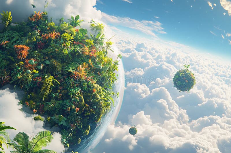 Earth Surrounded by Lush Greenery and Clouds in a Vibrant ...