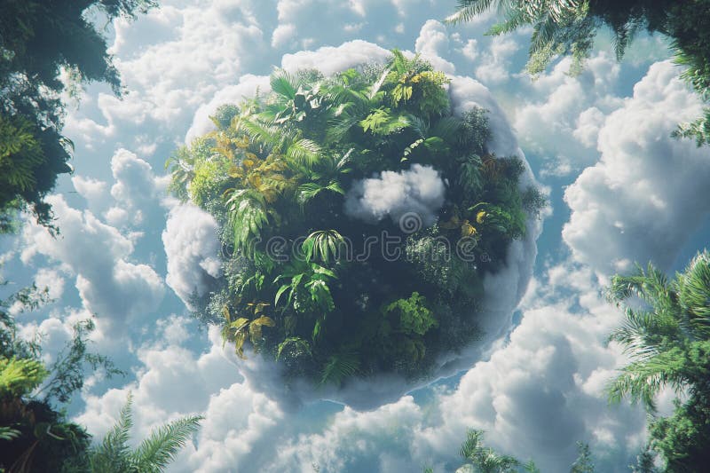 Earth Surrounded by Lush Greenery and Clouds in a Vibrant ...
