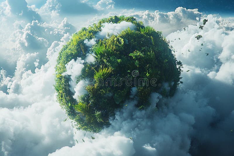 Earth Surrounded by Lush Greenery and Clouds in a Vibrant ...