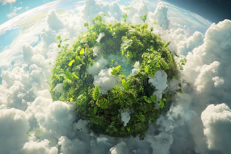 Earth Surrounded by Lush Greenery and Clouds in a Vibrant ...
